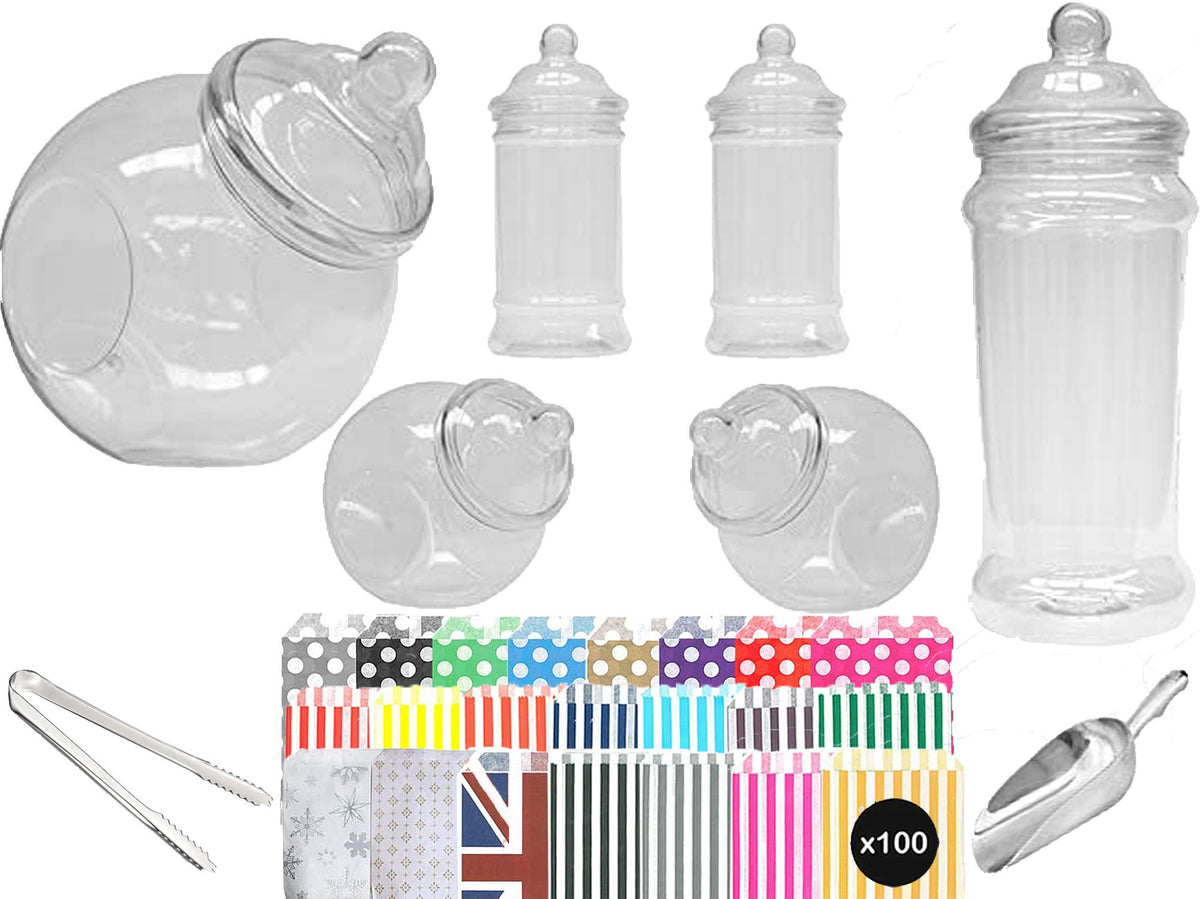6 Jar Mixed Small & Large Plastic Sweet Candy Buffet Kit, 1 Scoop and ...