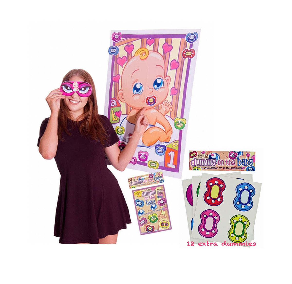 Pin Stick the Dummy on Baby PLUS extra 12 Dummies Baby Shower Mum to b ...